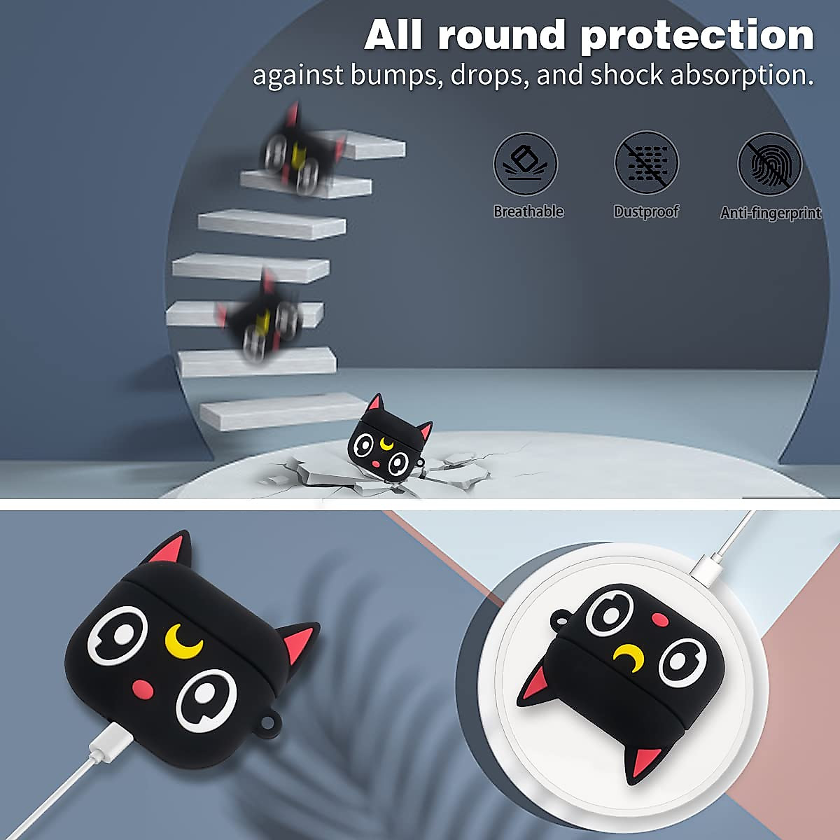 Cute Black Sailor Moon Airpods 3rd generation(2021) Case,7 in 1 Airpods 3 Silicone Accessories Protective Cover, Fashion Fun Cartoon Character Luna Cat Design Airpods 3 Skin for Girls Women Kids Teens