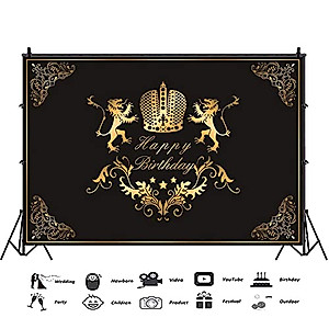 CSFOTO 7x5ft Polyester Happy Birthday Backdrop for Men Black Gold Birthday Banner Lion Birthday Backdrop King Crown Backdrop Lion Birthday Party Supplies Men Birthday Background