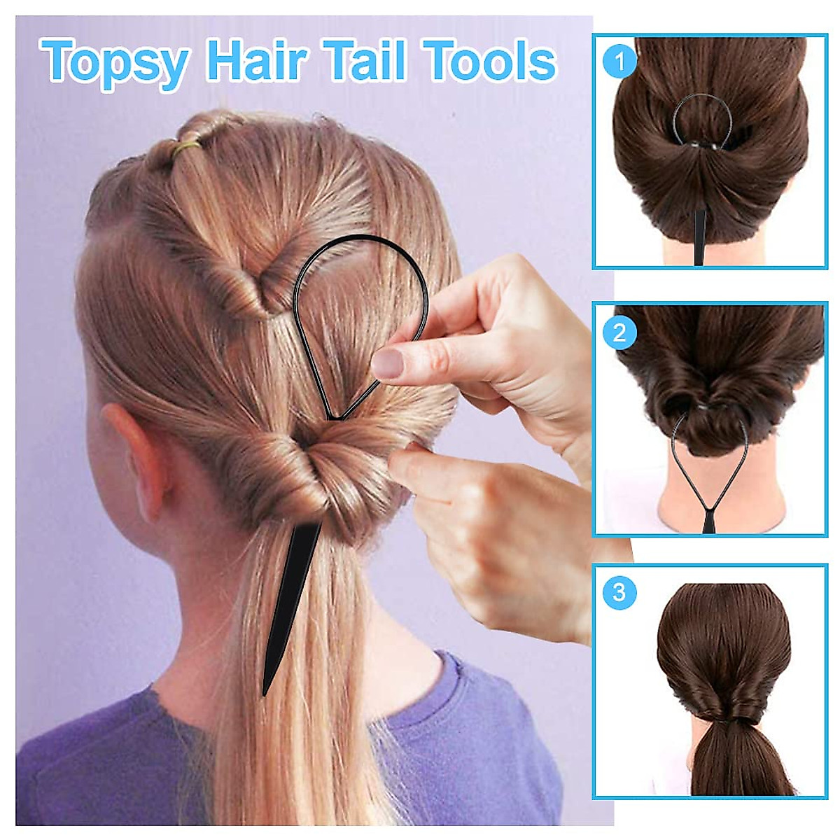 Topsy Tail Hair Tool Set by IKOCO - 400pcs Hair Bands, 2pcs Loop Styling Tools, Rat Tail Comb, (200pcs Each) Clear and Black Elastics