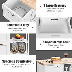 Giantex Kitchen Island Cart, Home Bar Serving Cart, Kitchen Trolley with 3 Large Drawers, Storage Shelf and 3 Tier Shelves, Rolling Storage Cabinet, Mobile Cart (White)