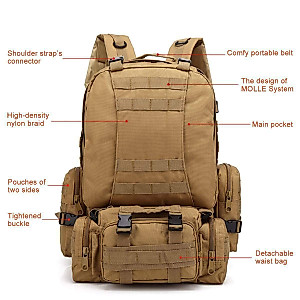HHE 55L Military Tactical Bag for Camping Hiking Trekking Hunting Bug Out Bag Outdoor Backpack (Khaki),Large
