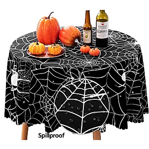60 Inch Round Polyester Tablecloth, Halloween Black Spider Web Table Cloth, Spillproof Washable Polyester Table Cover - Perfect for Halloween Party Decorations