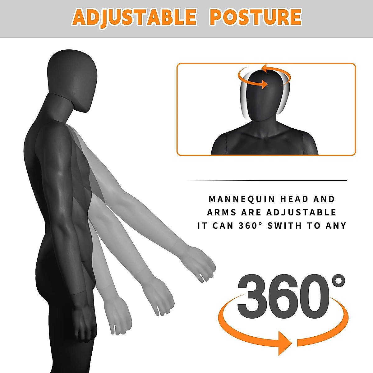 Full Body Male Mannequin Dress Form Manikin Body 73 Inches Adjustable Maniquins Dress Model Plastic Detachable Manequins Stand Metal Base Metal Connector, Black