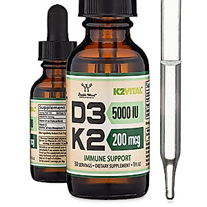 Vitamin D3 K2 5,000 IU Liquid Drops (5,000 IU of D3 and 200mcg of 99.9% All-Trans Patented K2 MK-7 (K2Vital)) Max Absorption Liquid Vitamin D Drops (30 Servings) by Double Wood