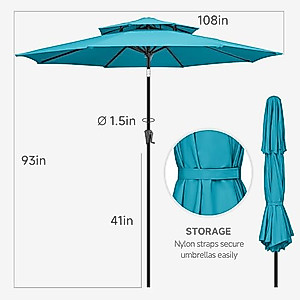 FLAME&SHADE 9 ft Double Top Outdoor Market Patio Table Umbrella with Tilt, Aqua Blue