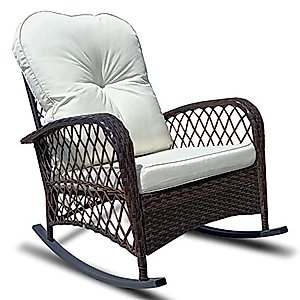 LoochMee PE White Rattan Rocker Chair,Garden Patio Wicker Rocking Chair/Furniture Sets with White Cushion,Modern Style for Outdoor&Indoor,Comfy Rocking Motion (White)