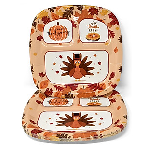 Gift Boutique 24 Pack Thanksgiving Divided Dinner Plate 9 inch Square 3 Section Plates for Fall Autumn Harvest Party Supply Disposable Paper Dinner Table Decorations with Turkey Pumpkin Leaf Design