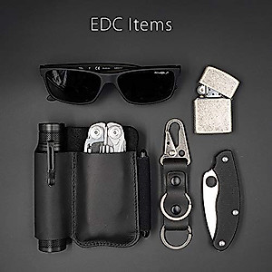 EDC Leather Belt Knife Sheath Organizer for Multitool, Fit 1.0" Diameter Flashlight, Tool Belt Pouch, Pocket Slip Pouch, EDC Tactical Key Chain Holder, Leather Key Fob, Premium Leather. Black.