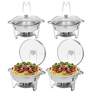 Restlrious Chafing Dish Buffet Set 4 Pack, 7.5 QT Stainless Steel Round Chafers and Buffet Warmers Set with Glass Viewing Lid and Lid Holder, Food Warmer for Catering, Party, Wedding, Banquet, Events