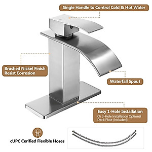 Fransiton Brushed Nickel Waterfall Bathroom Faucet Lavatory Single Handle 1 or 3 Hole Bathroom Sink Faucet Washbasin Faucet with Deck and Pop-up Drain