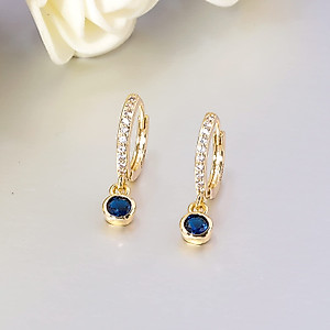 CiNily Small Dangle Hoop Earrings for Women, 14K White Gold Mini Huggie Hoop Earrings Hypoallergenic Cute Blue Cubic Zirconia Hoops Dainty Diamond Drop Earrings Jewelry