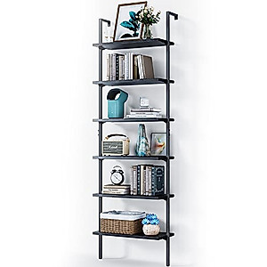 ODK 6-Tier Ladder Shelf, 87 Inches Wall Mounted Ladder Bookshelf with Metal Frame, Open Industrial Shelves for Home Office, Bedroom and Living Room, Black