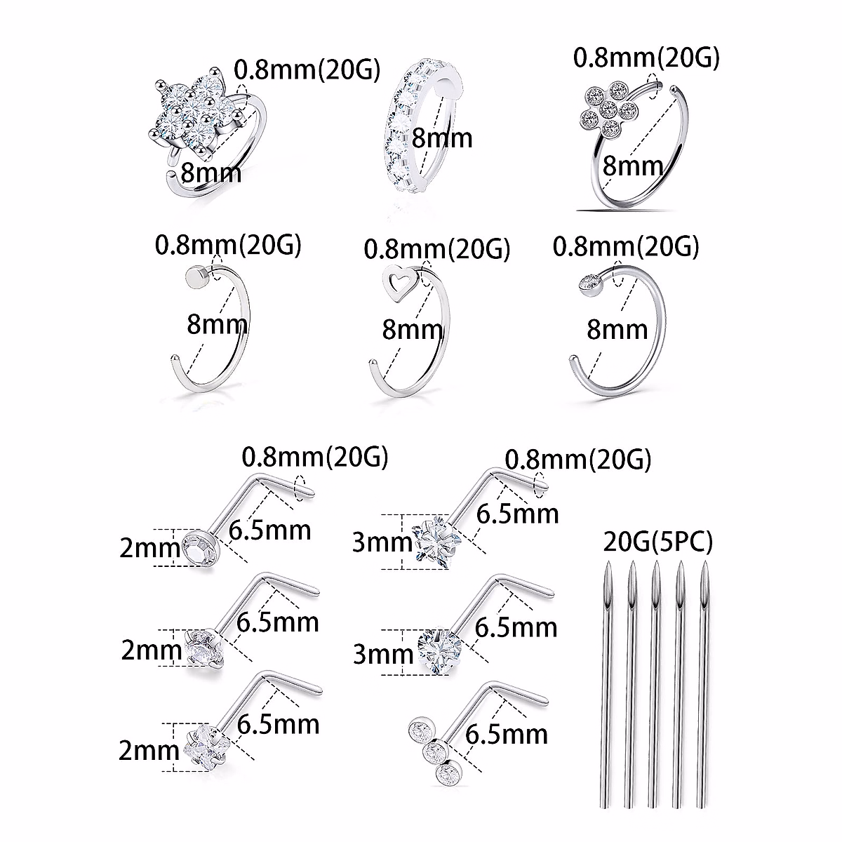 Heienngy 20G Nose Rings Piercing Kit Surgical Stainless Steel Nose Piercing Kit Nose Rings Hoop L Shape Nose Rings Studs 20 Gauge Piercing Needles For Women Men Body Piercing Jewelry Retianer,Silver