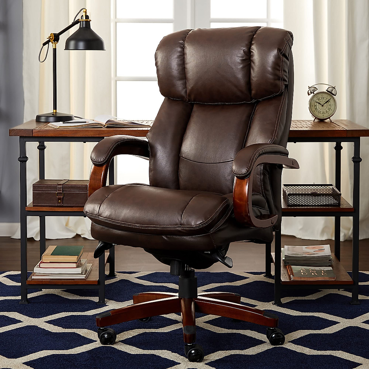 La-Z-Boy Fairmont Big and Tall Executive Office Chair with Memory Foam Cushions, High-Back with Solid Wood Arms and Base, Bonded Leather, Big & Tall, Biscuit Brown