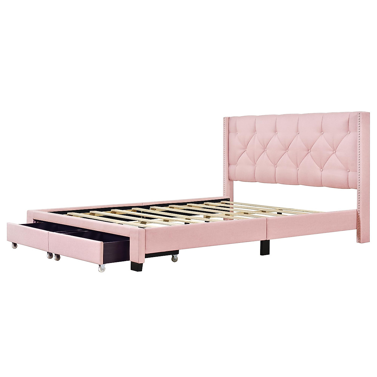 Upholstered Queen Size Platform Bed with 2 Drawer,Linen Fabric Solid Wood Bed Frame with Tufted Nail Head Board. Suitable for Children and Teenagers (Pink#1^)