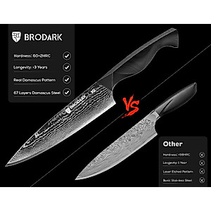 BRODARK Damascus Chef Knife 8 Inch - Ultra Sharp Kitchen Knife, Japanese Knife with Full-Tang Ergonomic Handle, Cooking Knife for Home, Restaurant (Dark Horse Series)