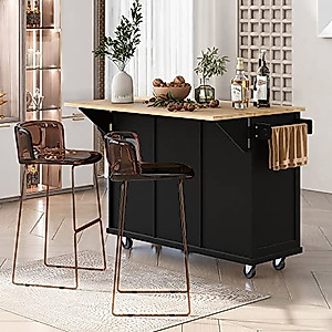 KELRIA Kitchen Cart with Drop-Leaf Countertop, Kitchen Island on 5 Universal Wheels with Open Shelves, Storage Cabinet and 3 Drawers, Large Rubberwood Top Breakfast Bar for Dining Room