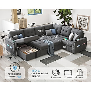PaPaJet Sleeper Sofa Bed, 110 Inch Oversized Sofa with 2 USB Charging Ports & Cup Holders, U Shaped Pull Out Couch with Storage Chaise & 3 Seater- Dark Grey