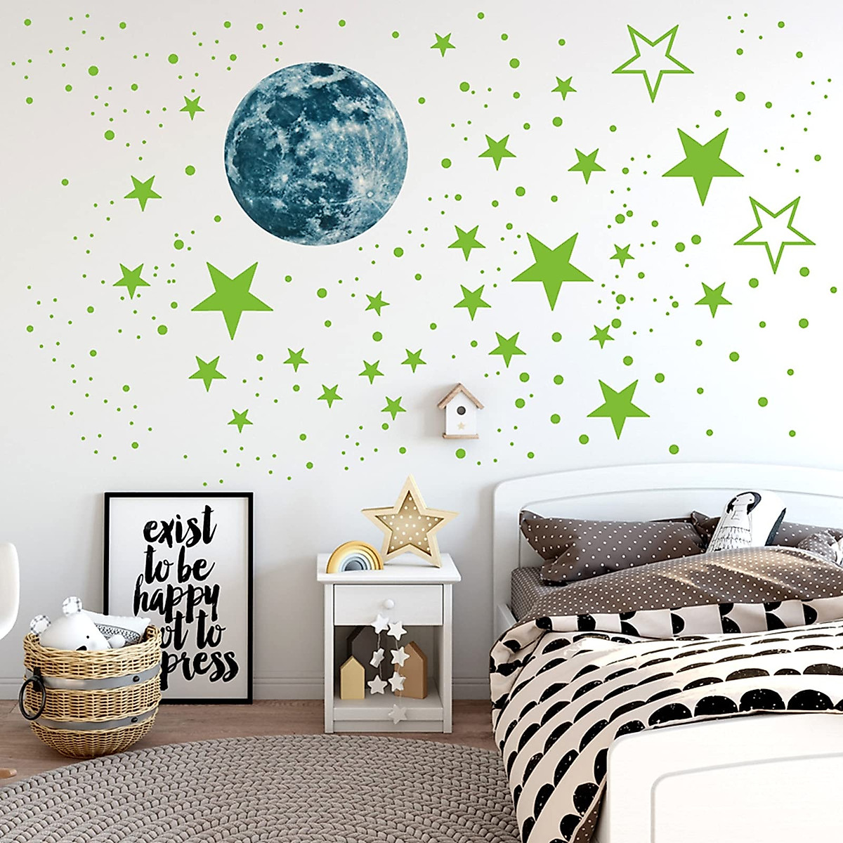 Sursarbelor Luminous Φ30cm Big Moon and Stars Dots Wall Stickers, 435 Pieces Glow in The Dark Stickers, Wall Ceiling Sticker Decals for Home Party Kids Room Decorations