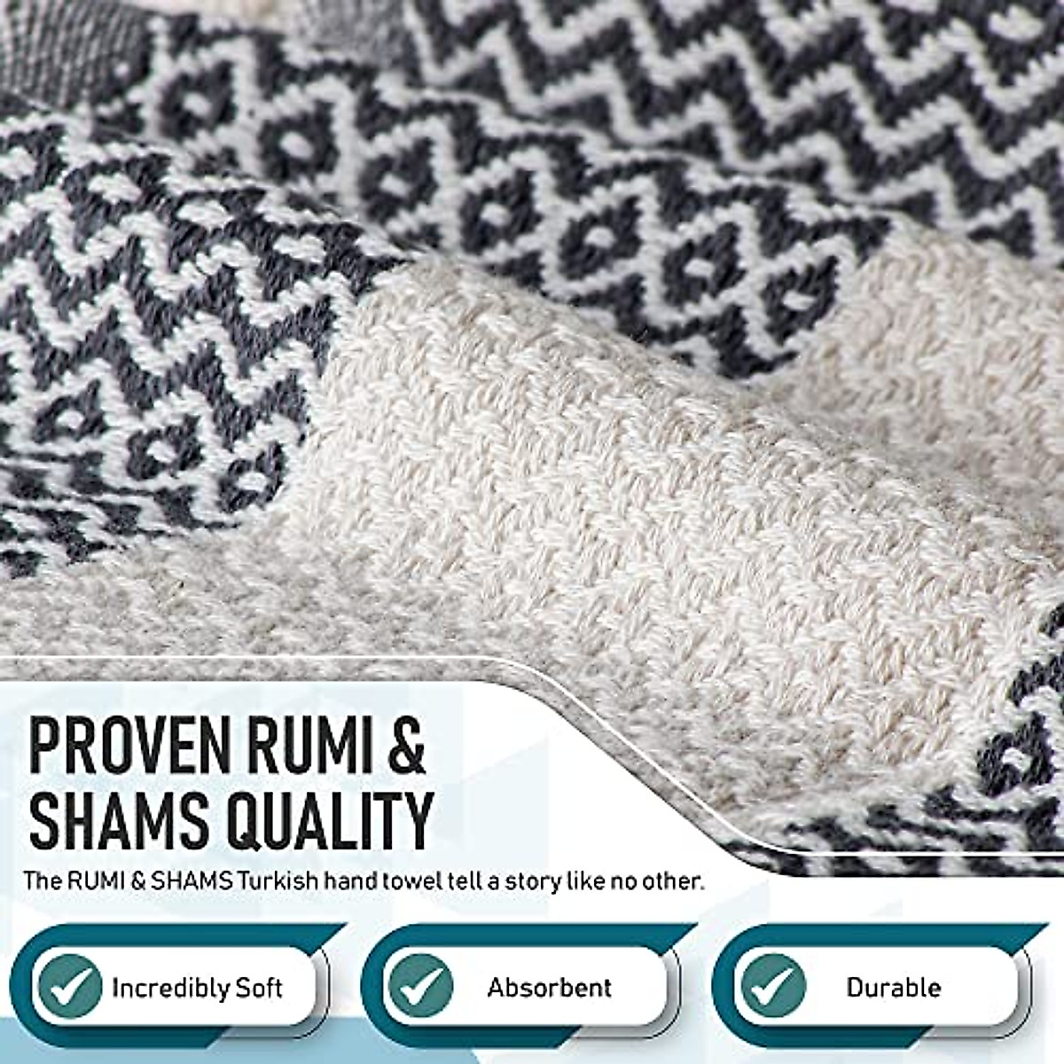 Rumi&Shams | Turkish Hand Towel for Bathroom | 2 pcs Bathroom Hand Towels | 100% Cotton Kitchen Hand Towels | 16x35 Boho Hand Towels | Black Hand Towels for Bathroom | Oeko-Tex Certified