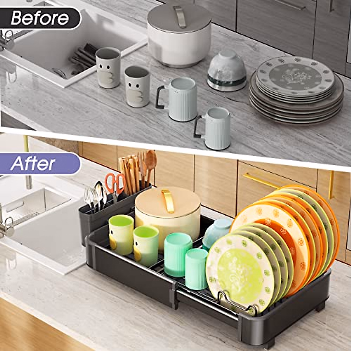 Aluminium Dish Drying Rack, Expandable(14.9"-22.2") Dish Racks for Kitchen Counter with Drying Mat, Rustproof Large Dish Drainers and Drainboard Set with Cutlery & Cup Holders for Various Kitchenware
