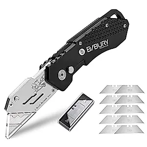 Utility Knife, BIBURY Upgraded Version Heavy Duty Box Cutter, Pocket Carpet knife with 10 Replaceable SK5 Stainless Steel Blades, Belt Clip, Easy Release Button, Quick Change and Safety Lock-Black