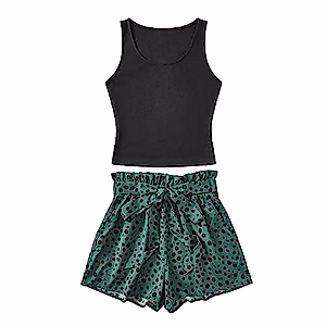 SOLY HUX Women's 2 Piece Outfits Summer Scoop Neck Tank Top and Allover Print Belted Shorts Set Black and Green XL