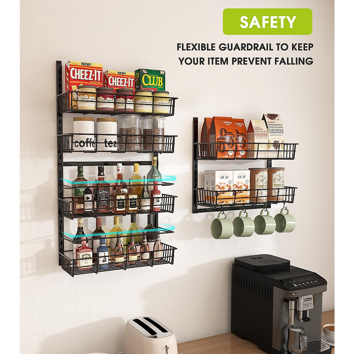 Mefirt Over The Door Pantry Organizer, Pantry Storage and Organization, 6-Tier Adjustable Hanging Baskets, Metal Wall Mount Spice Rack Seasoning Shelves for Home & Kitchen, Laundry Bathroom - Black