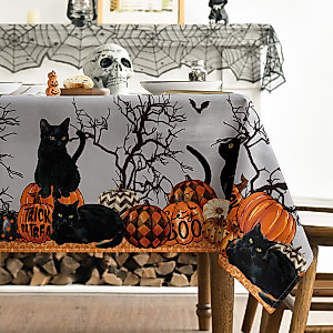 Horaldaily Halloween Tablecloth 60×84 Inch Rectangular, Buffalo Plaid Pumpkin Moon Cat Washable Table Cover for Party Picnic Dinner Decor