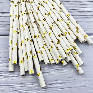 YAOSHENG Paper Straws for drinking, Pack 100 Gold Stars Paper Straws for Cocktail Party Supplies,Birthday,Wedding,Bridal/Baby Shower,Juice,shakes,Smoothies
