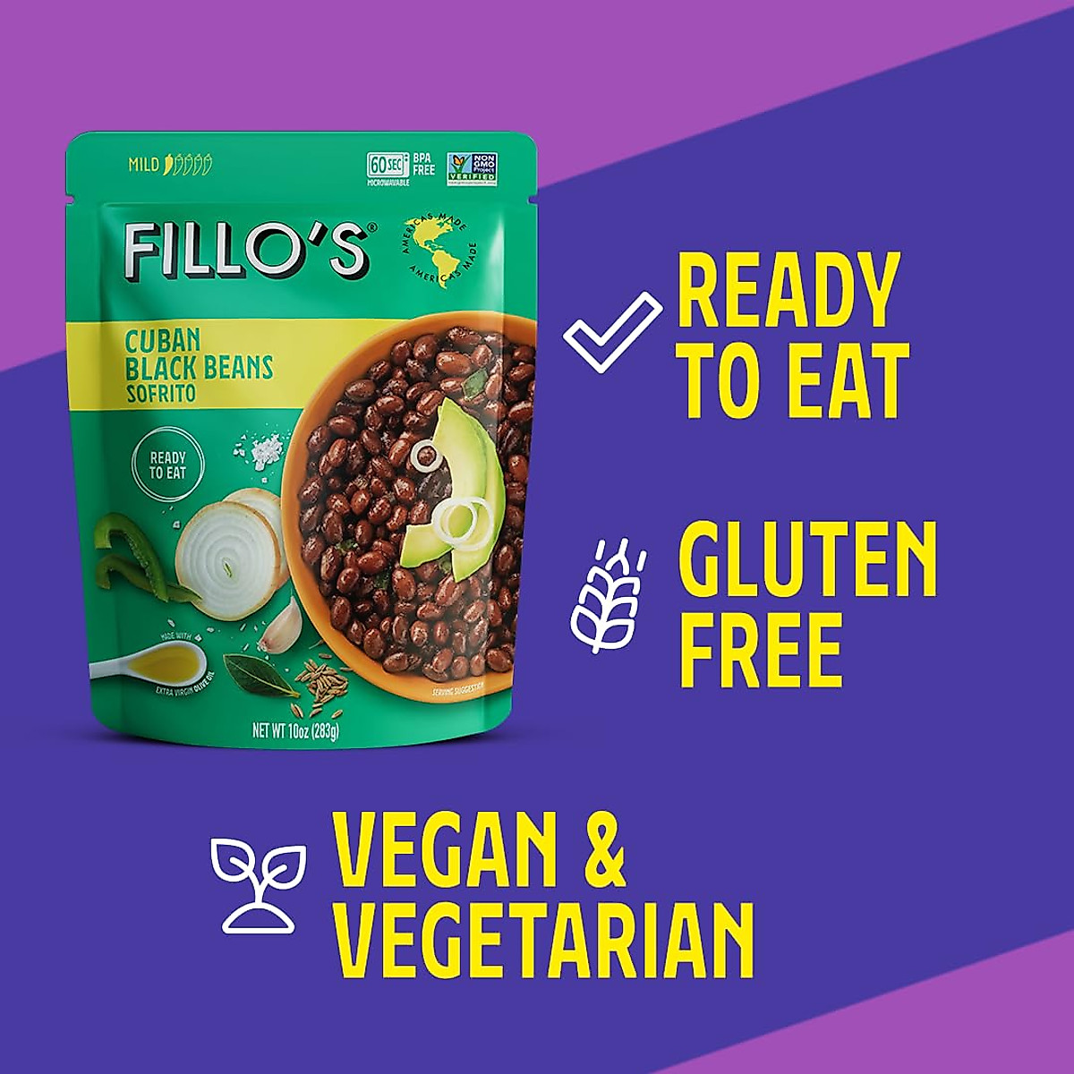 Fillo's Cuban Black Beans - Ready to Eat Beans, Gluten-Free, Preservative-Free, Microwavable Meals, Non-GMO, Plant Protein, Vegan Beans, 10 oz Pk of 6
