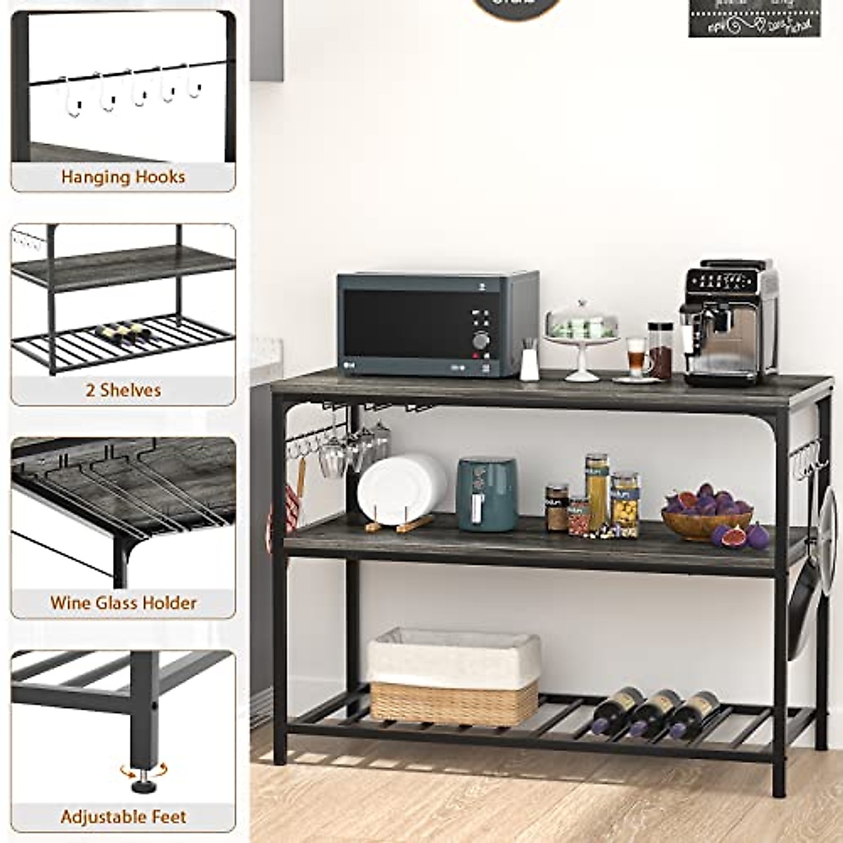 Homieasy Kitchen Island with Wine Glass Holder, Industrial Wood and Metal Coffee Bar Wine Rack Table, 3 Tier Spacious Kitchen Prep Table Extended Counter with Hooks Easy to Assemble, Black Oak
