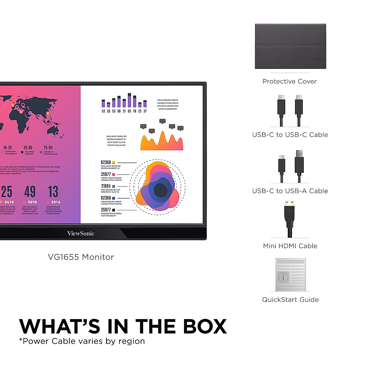 ViewSonic VG1655 15.6 Inch 1080p Portable Monitor with 2 Way Powered 60W USB C, IPS, Eye Care, Dual Speakers, Built-in Stand with Smart Cover , Black