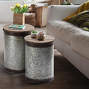 Rustic Storage Ottoman Seat Stool, Farmhouse Accent Side Table, Antique Galvanized Metal End Table Box Bin with Round Wooden Lid Set of 2 (Stand Galvanized)