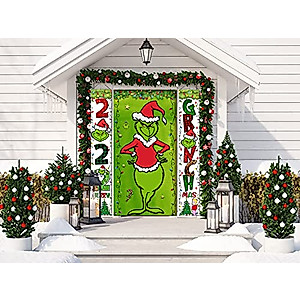 Grinch Christmas Door Cover Decorations Grinch Green Backdrop Merry Christmas Porch Sign for Indoor Outside Front Door Party Supplies