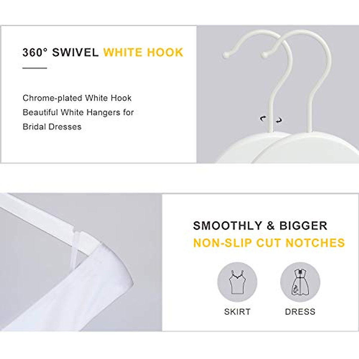 TOPIA HANGER White Wood Bridal Dress Hangers, Premium Wooden Shirt Hangers 10 Pack, 360° White Hook- Smooth Finish- Extra Smoothly Cut Notches (White *10)-CT06W