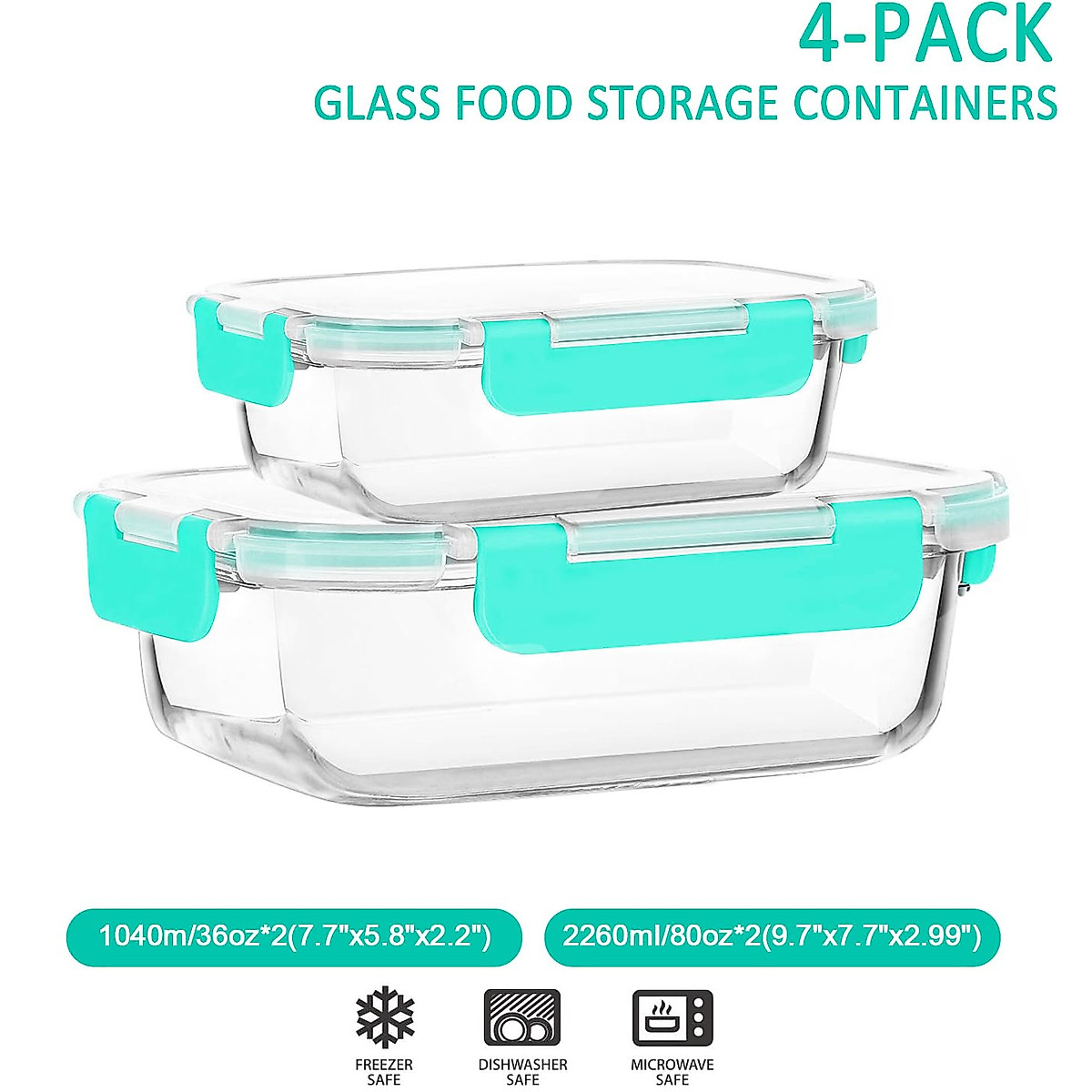 [80 oz & 36 oz]Extra Large Glass Food Storage/Baking Containers Set with Locking Lids, 2 Pack 80 oz(10 cup)&2 Pack 36 oz (4.5 cup)Airtight Glass Container,Microwave,Oven,Freezer and Dishwasher