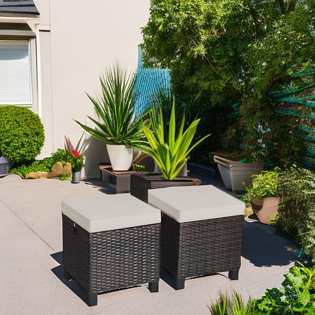 Tangkula 2 Pieces Outdoor Patio Ottoman, All Weather Rattan Wicker Ottoman Seat, Patio Rattan Furniture, Outdoor Footstool Footrest Seat w/Removable Cushions