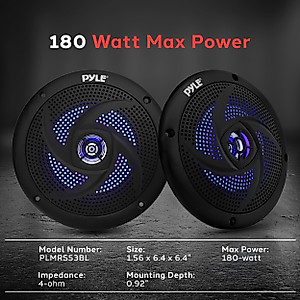 Pyle Marine Speakers - 5.25 Inch 2 Way Waterproof and Weather Resistant Outdoor Audio Stereo Sound System with LED Lights, 180 Watt Power and Low Profile Slim Style - 1 Pair - PLMRS53BL (Black)