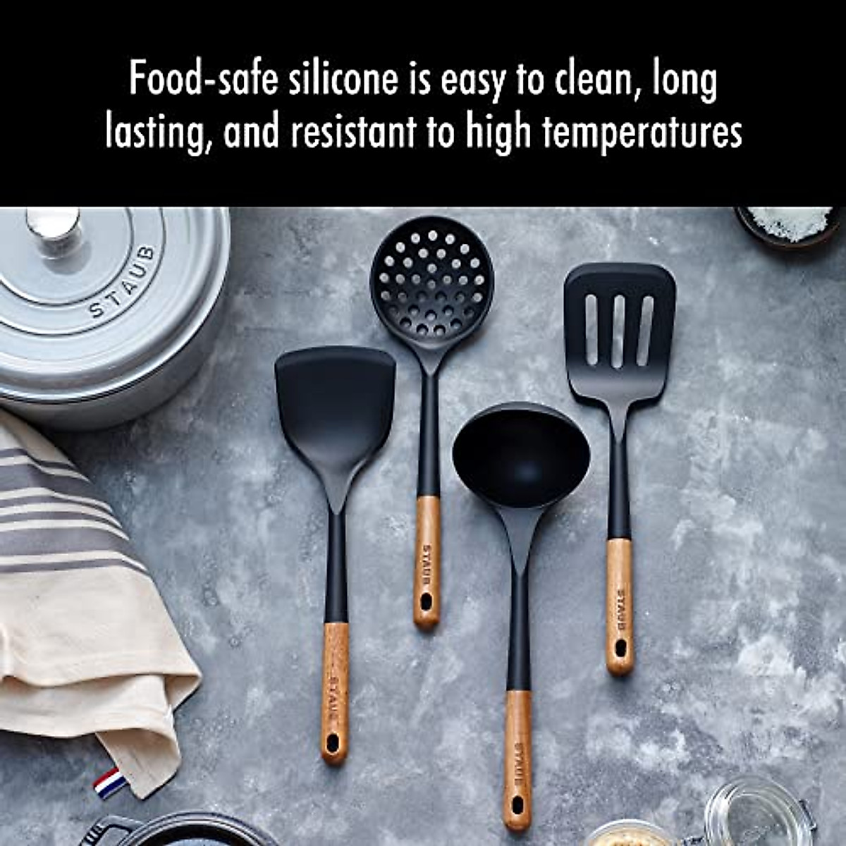 STAUB Silicone Spatula Turner, Perfectly Angled for Lifting Pancakes, Sandwiches and Picking up Veggies Durable BPA-Free Matte Black Silicone, Acacia Wood Handles, Safe for Nonstick Cooking Surfaces