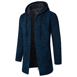 Crewneck Sweater, Men Sweater Mens Pullover Carlton Christmas Sweater Men's Medium Long Coat Hooded Plush Plaid Knitting Drawstring Coat Sweater Warm Solid Color Jackets Tops (XXL, Navy)