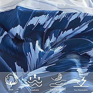 WRENSONGE Floral Duvet Cover Queen, 3 Pcs Navy Blue Flowers and Leaves Printed Comforter Cover with Zipper Corner Ties, Microfiber Duvet Cover Bedding Set for All Season, Soft, Breathable, Durable