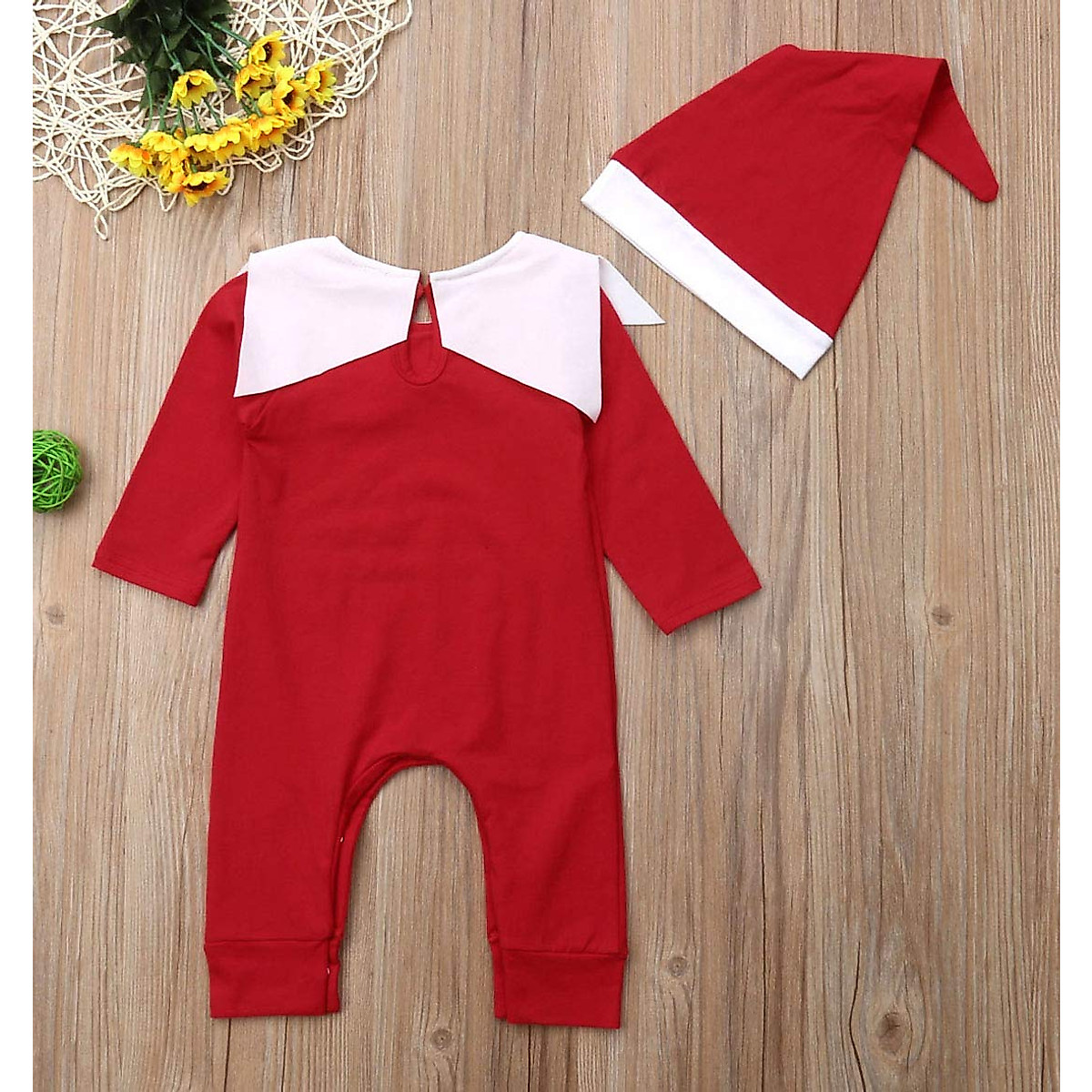 unniful Newborn Baby's Xmas Long Sleeve Romper+Hat Chrismas Santa Claus Dressed Set Onesies Jumpsuit 2pcs … (Red, 90/12-18m)