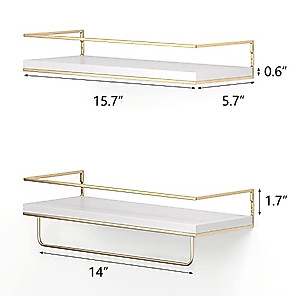 Shario White Floating Shelves - Set of 2, Wall Mounted Hanging Shelves with Golden Towel Rack, Decorative Storage Shelves for Bathroom, Kitchen, Living Room & Bedroom (White)