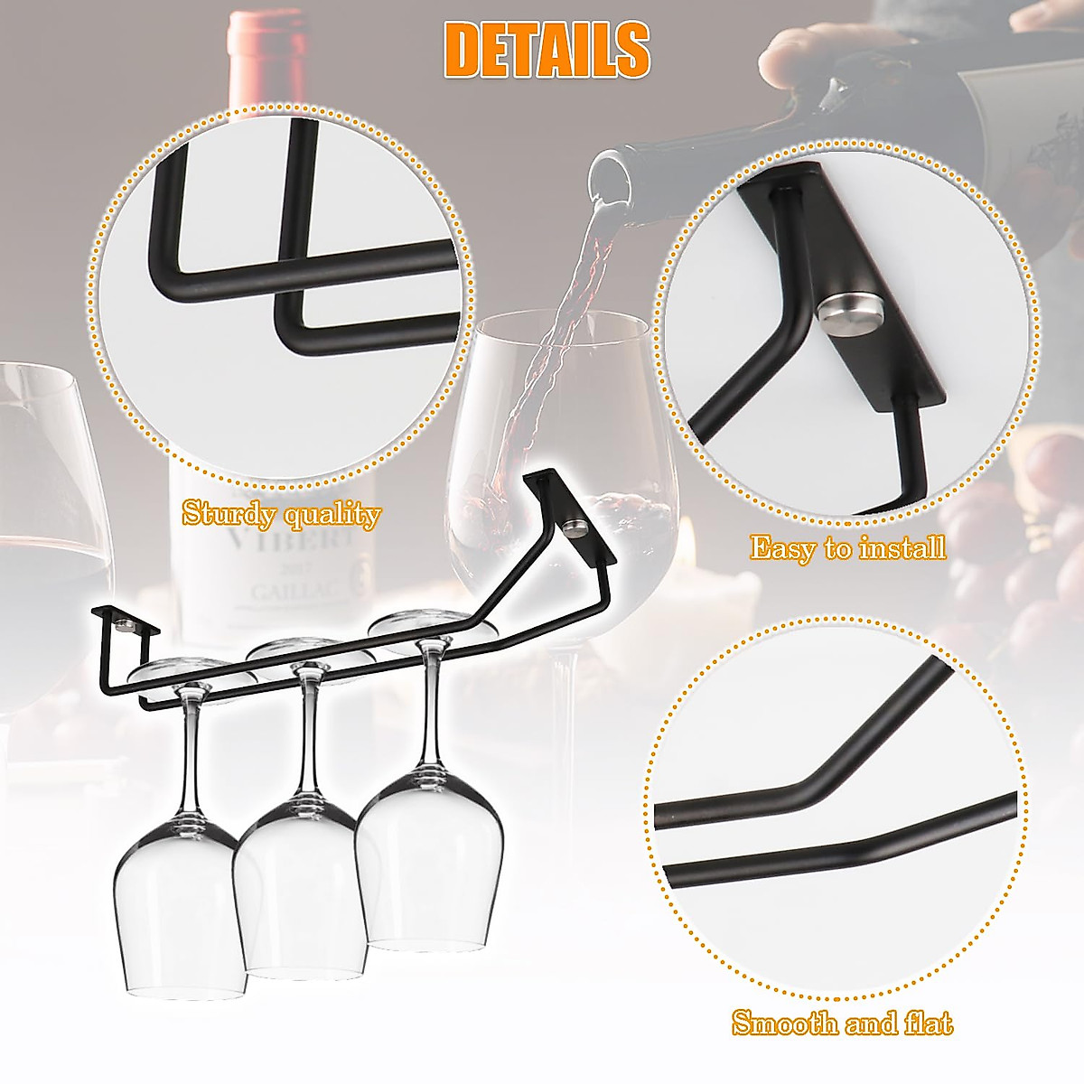 10.8 Inch Long Single Rail Wine Glass Rack Under Cabinet Cupboard, Yimerlen Metal Stemware Holder Wine Glass Holder Wine Glass Hanger for RV Mini Bar Kitchen Storage (Black- 2 Pack)