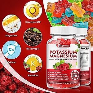 Potassium Magnesium Supplement Gummies for Adults Kids, Sugar-Free Potassium Citrate Gummies Supports Leg Cramps & Muscle & Heart Health, Vegan Magnesium Glycinate Gummies Raspberry Flavor 60 Cts