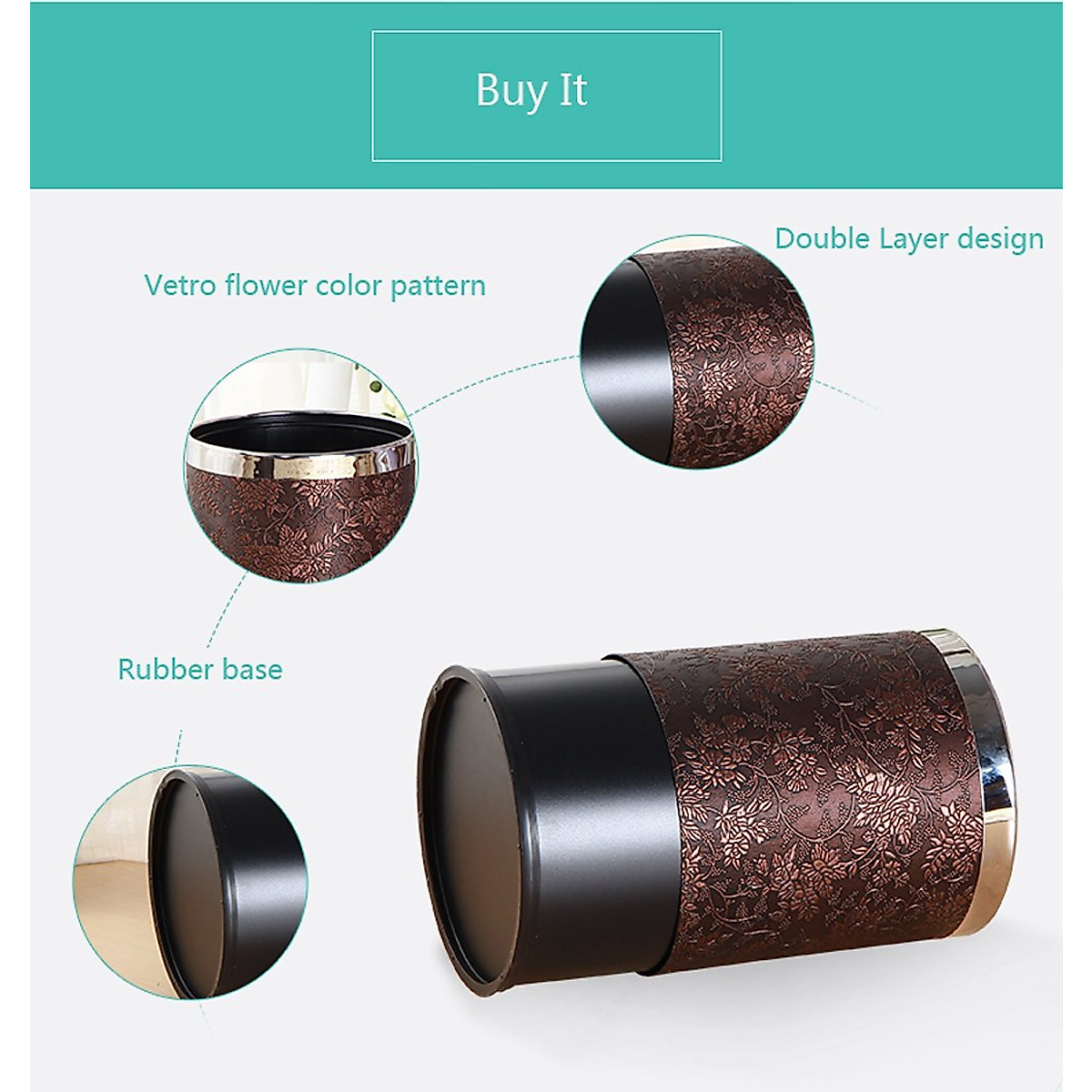 Trash Can Luxury Double Layer Leather with Stainless Steel Ring Metal Waste bin 10L Garbage Container Dustbin case for Hotel Office (Vintage)