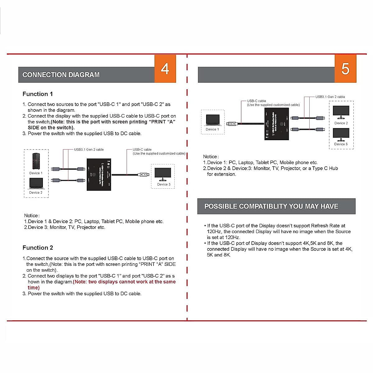 Cablecc USB-C Type-C Bi-Direction Switch MST 1 to 2 Hub Support Video Data PD 8K@30hz 100W 10Gbps with 50cm Cable