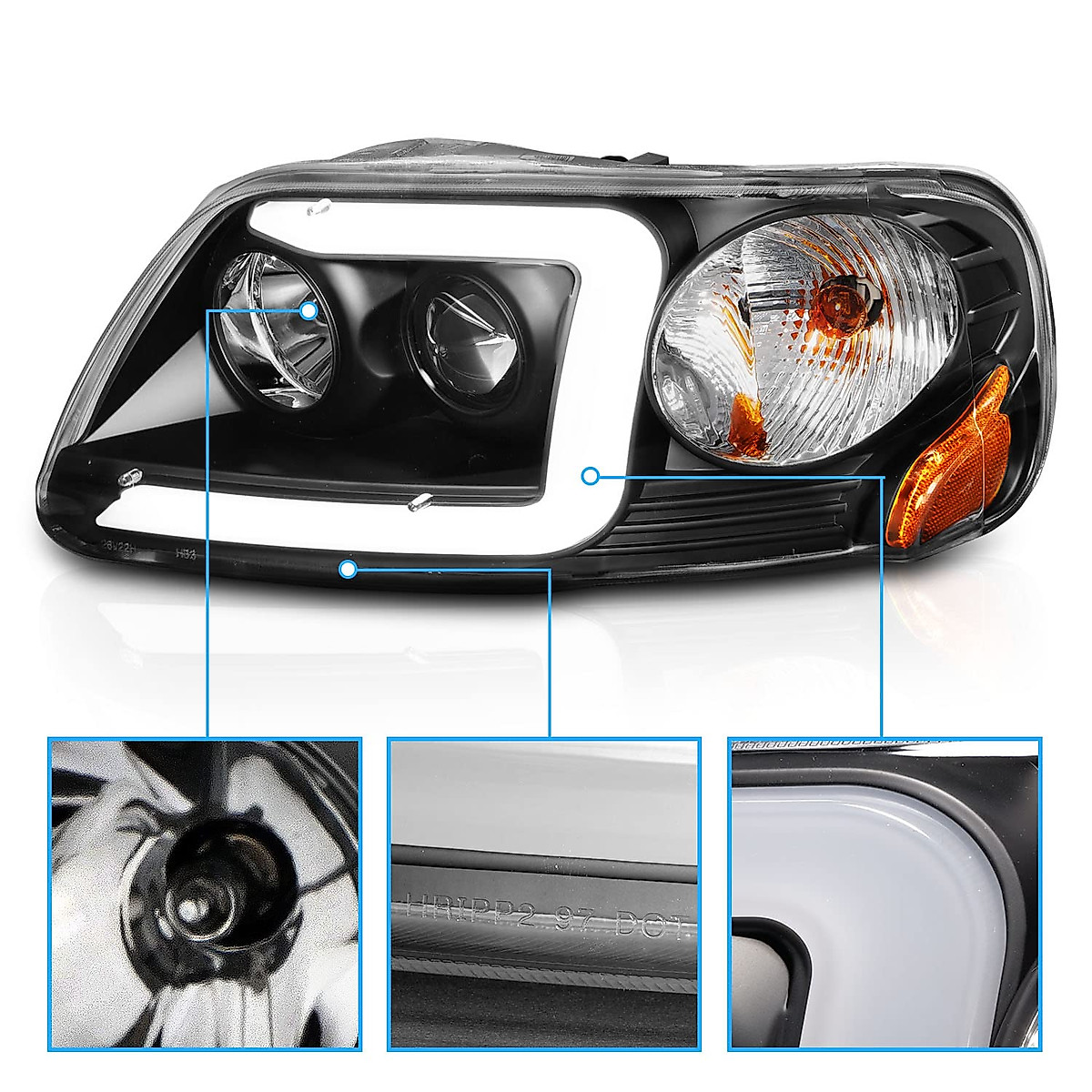 AmeriLite for 1997-2003 Ford F150 97-2002 Expedition Pickup Truck LED Tube Black Projector Replacement Headlights Set - Driver and Passenger Side