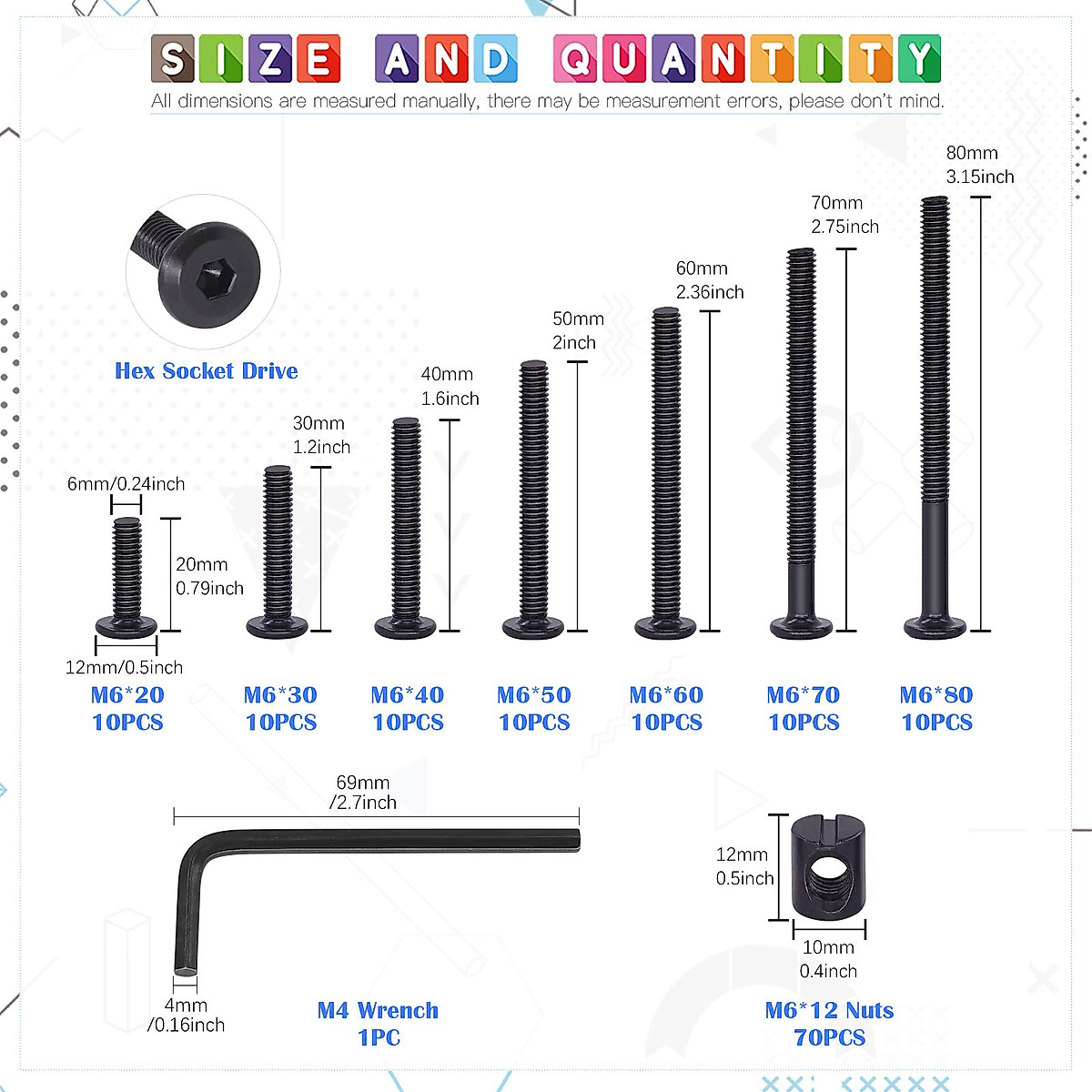 Glarks 141Pcs Baby Bed Crib Screws Hardware Replacement Kit, M6x20/ 30/40/ 50/60/ 70/ 80mm Black Hex Socket Cap Screws and Nuts Assortment Kit with a Allen Wrench for Chair Table Cabinets Furniture